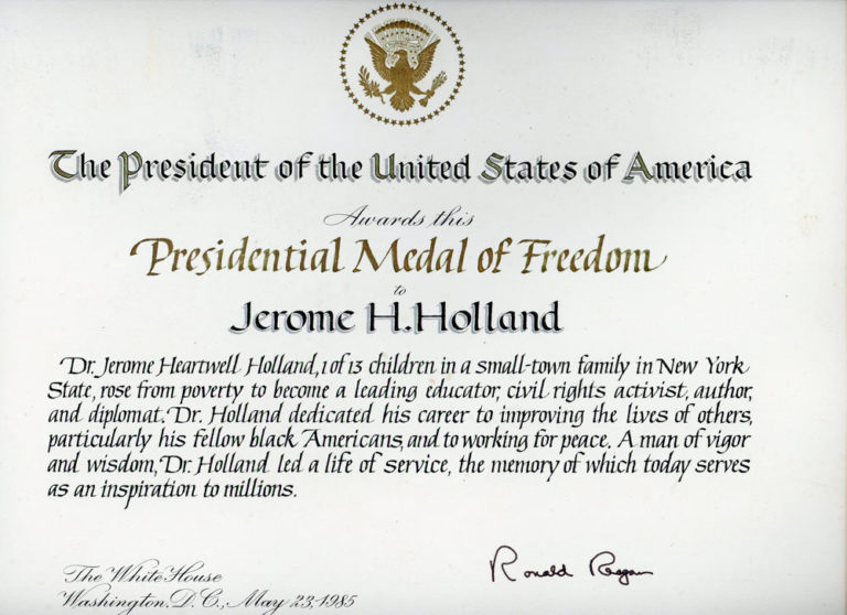 Presidential Medal of Freedom certificate (Dr. Jerome H. Holland ...